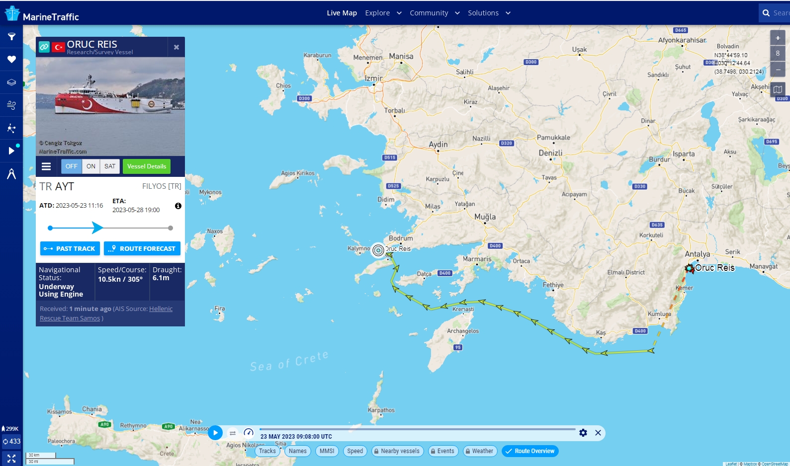Το Τουρκικό ερευνητικό "Oruc Reis."..Περνά τα Στενά της Χίου-Τσεσμέ ...